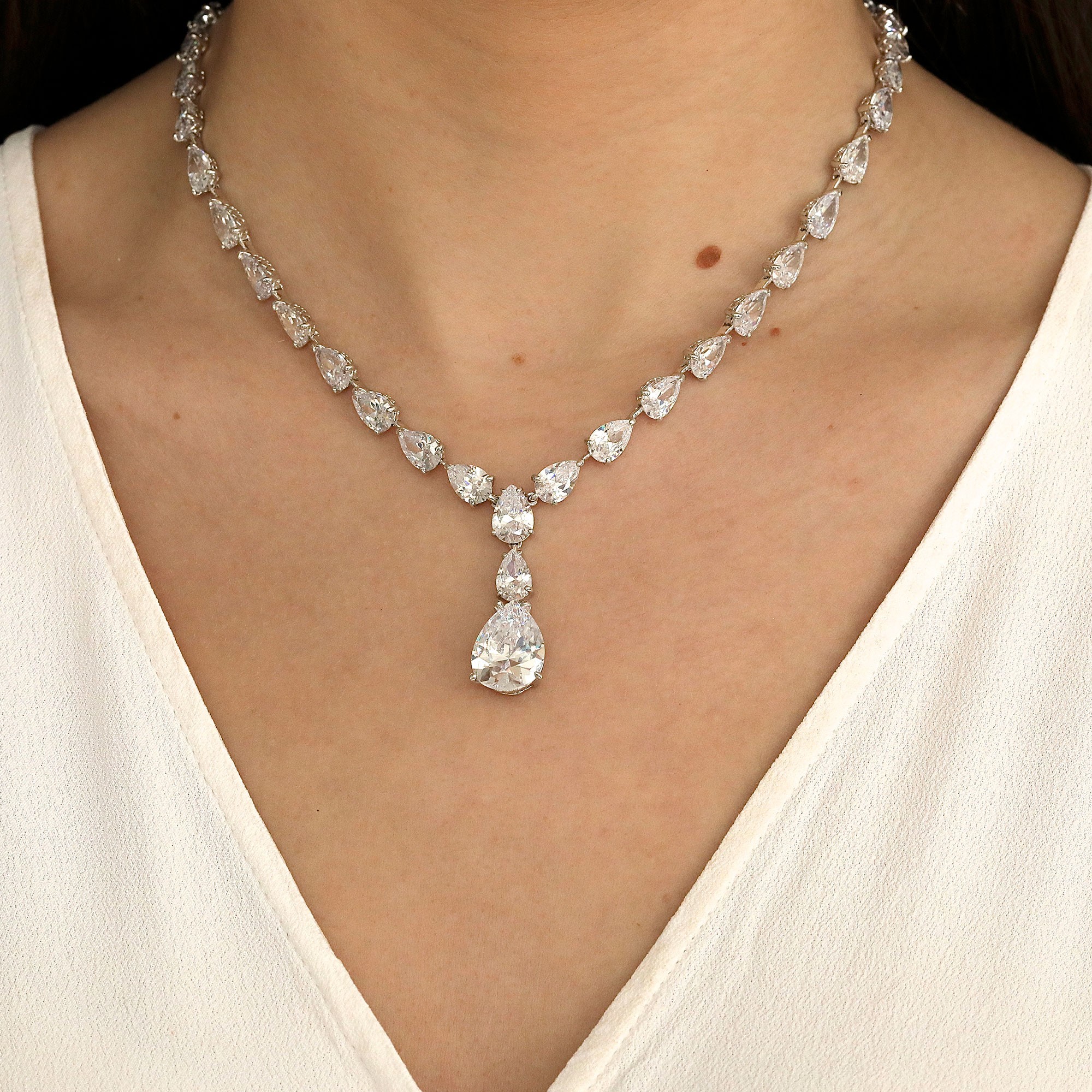 Silver pear cubic zirconia drop necklet