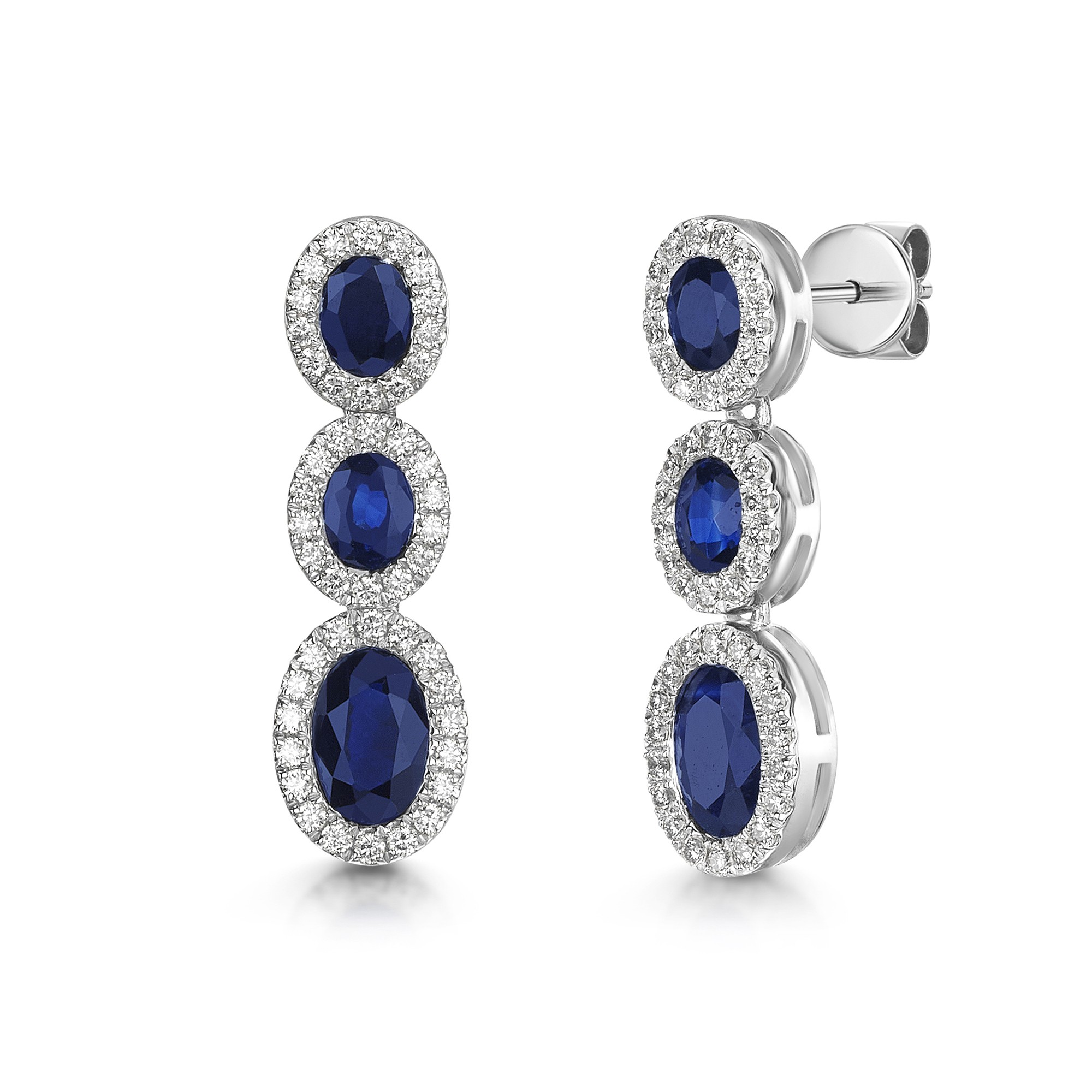 18ct White Gold Oval Cut Blue Sapphire 2.06ct 3 Stone with Diamond Halo Drop Earrings