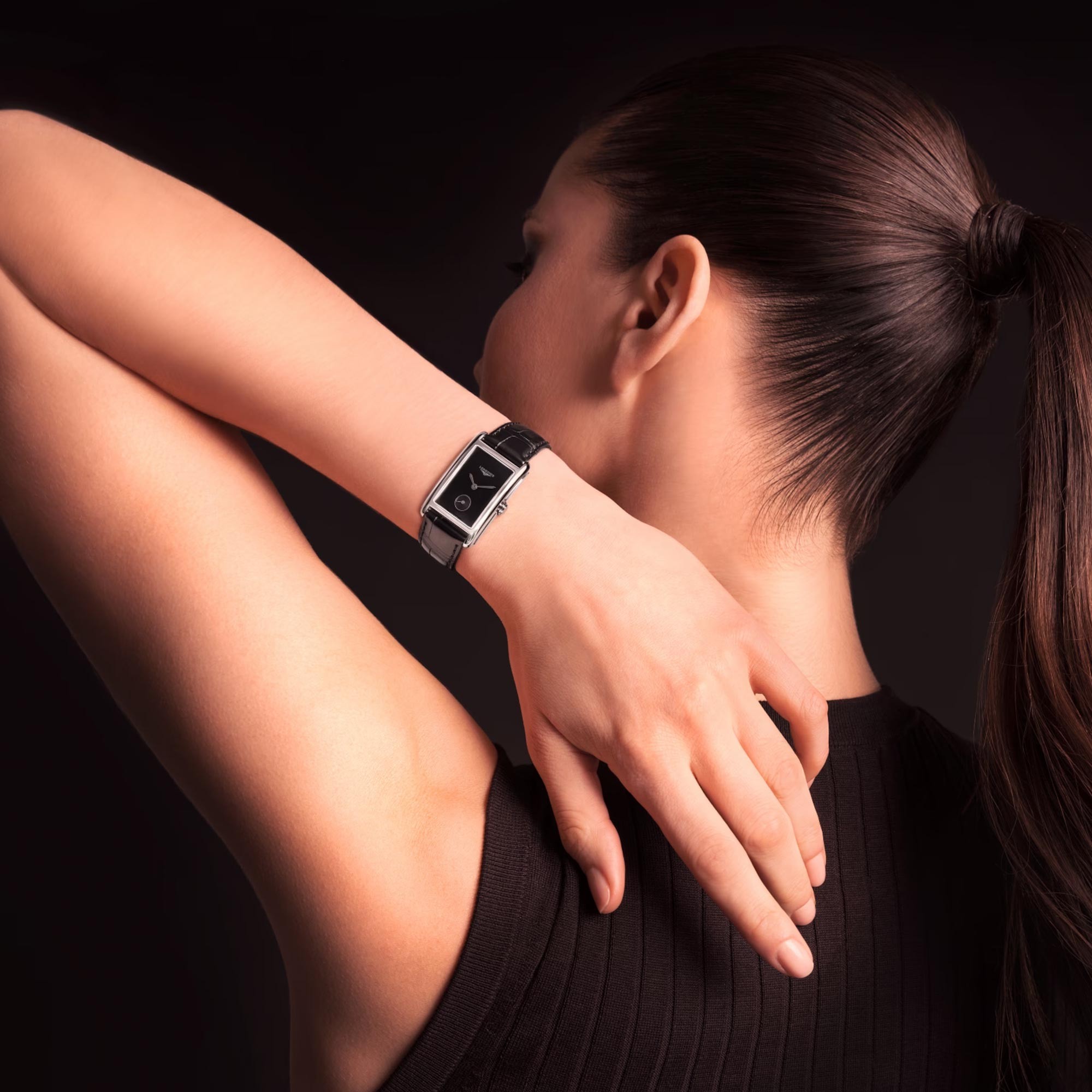 Longines DolceVita Ladies Watch L55124502 Black Dial Black Leather Strap