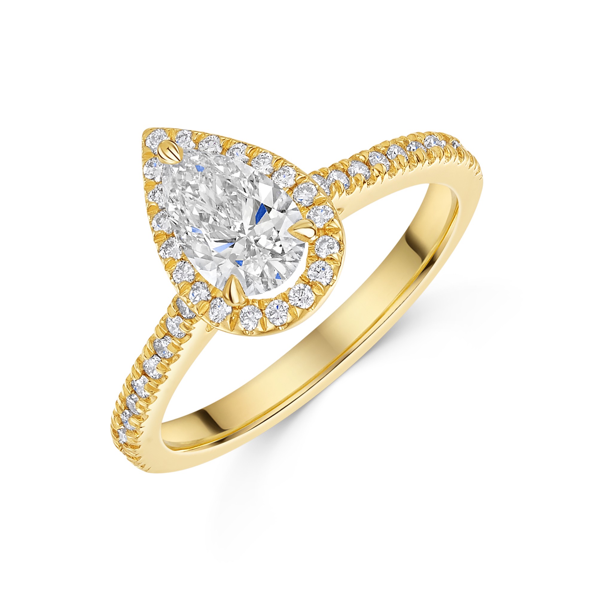 18ct Yellow Gold Lab Grown 0.75ct Pear Diamond Halo Shoulders Ring