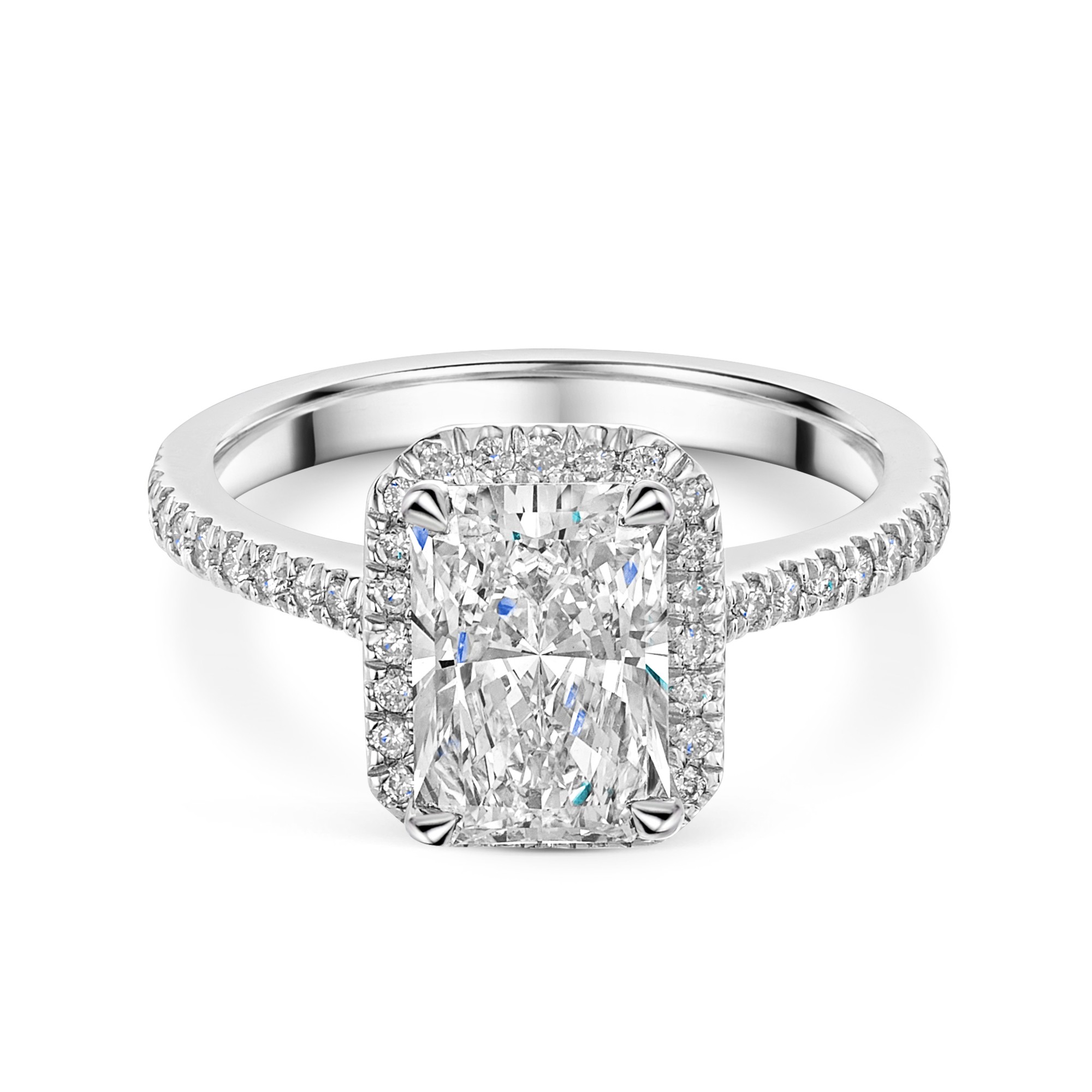 Platinum Lab Grown 2.00ct Radiant Diamond Halo Shoulders Ring