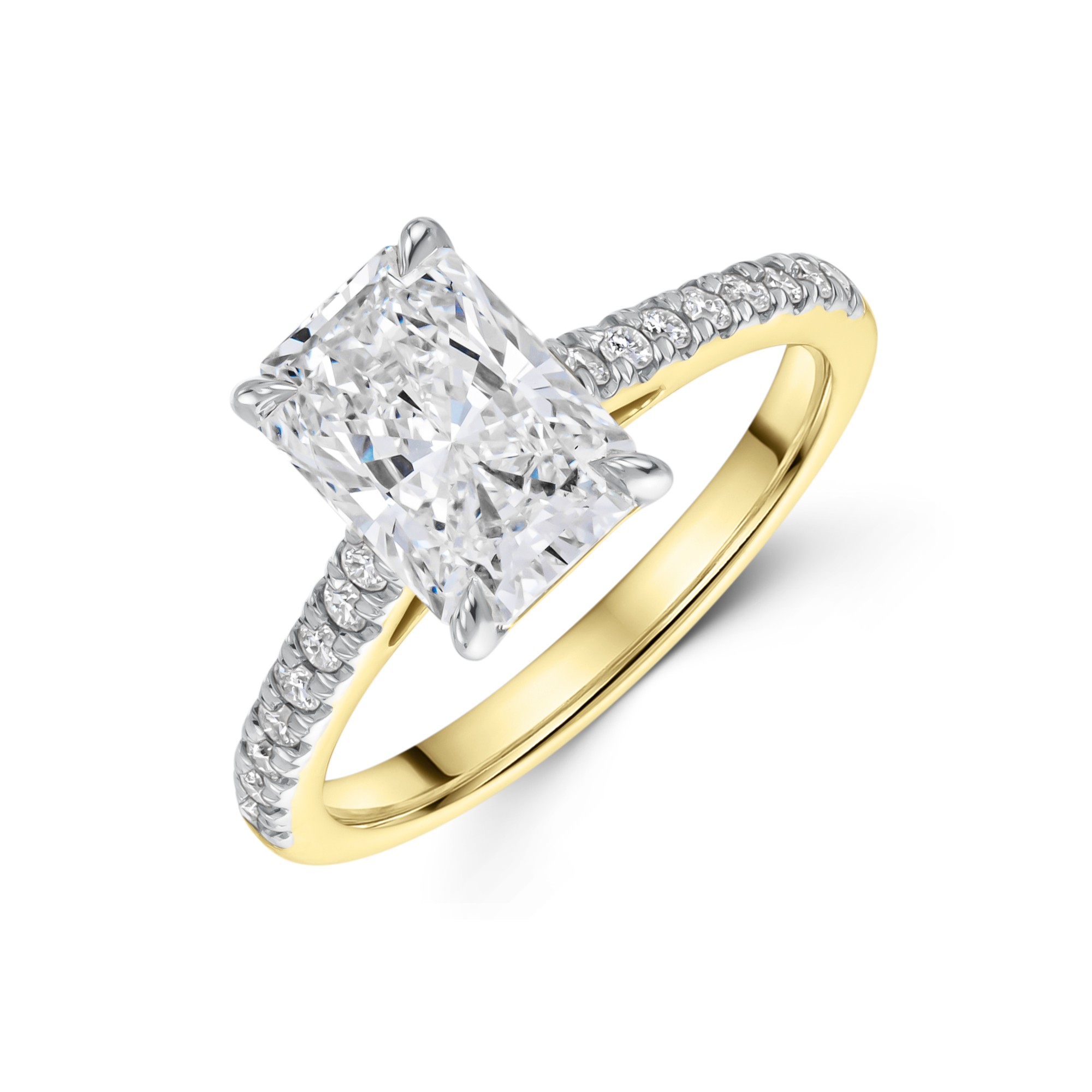 18ct Yellow Gold Lab Grown 2.75ct Radiant Cut Diamond Shoulder Ring