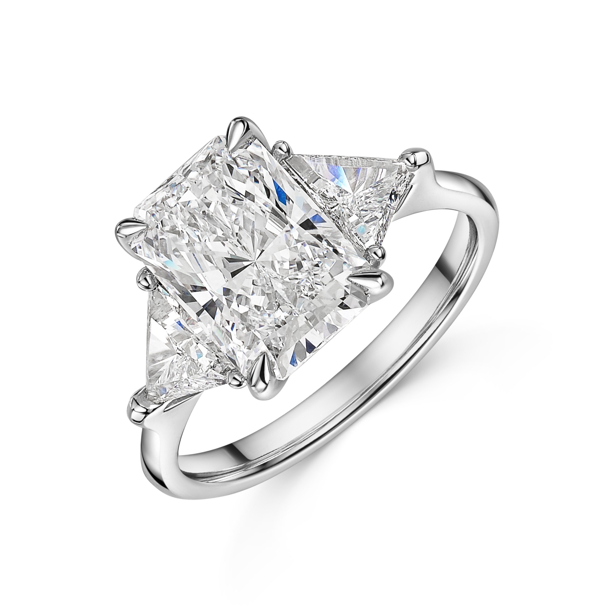 Platinum Radiant Cut Lab Grown Diamond and Trillion 3.66ct 3 Stone Ring