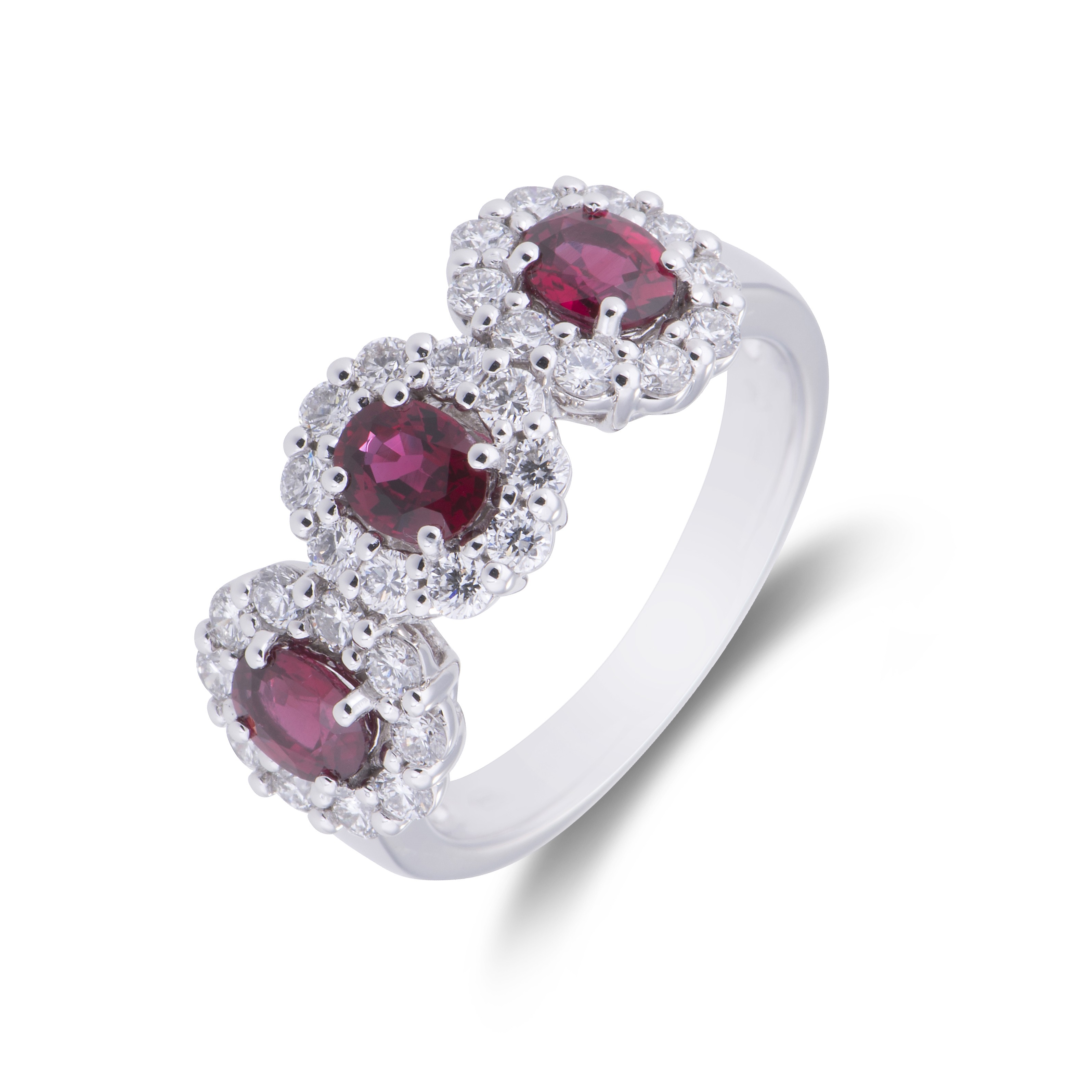 Platinum 1.91ct Diamond And Ruby Halo Three Stone