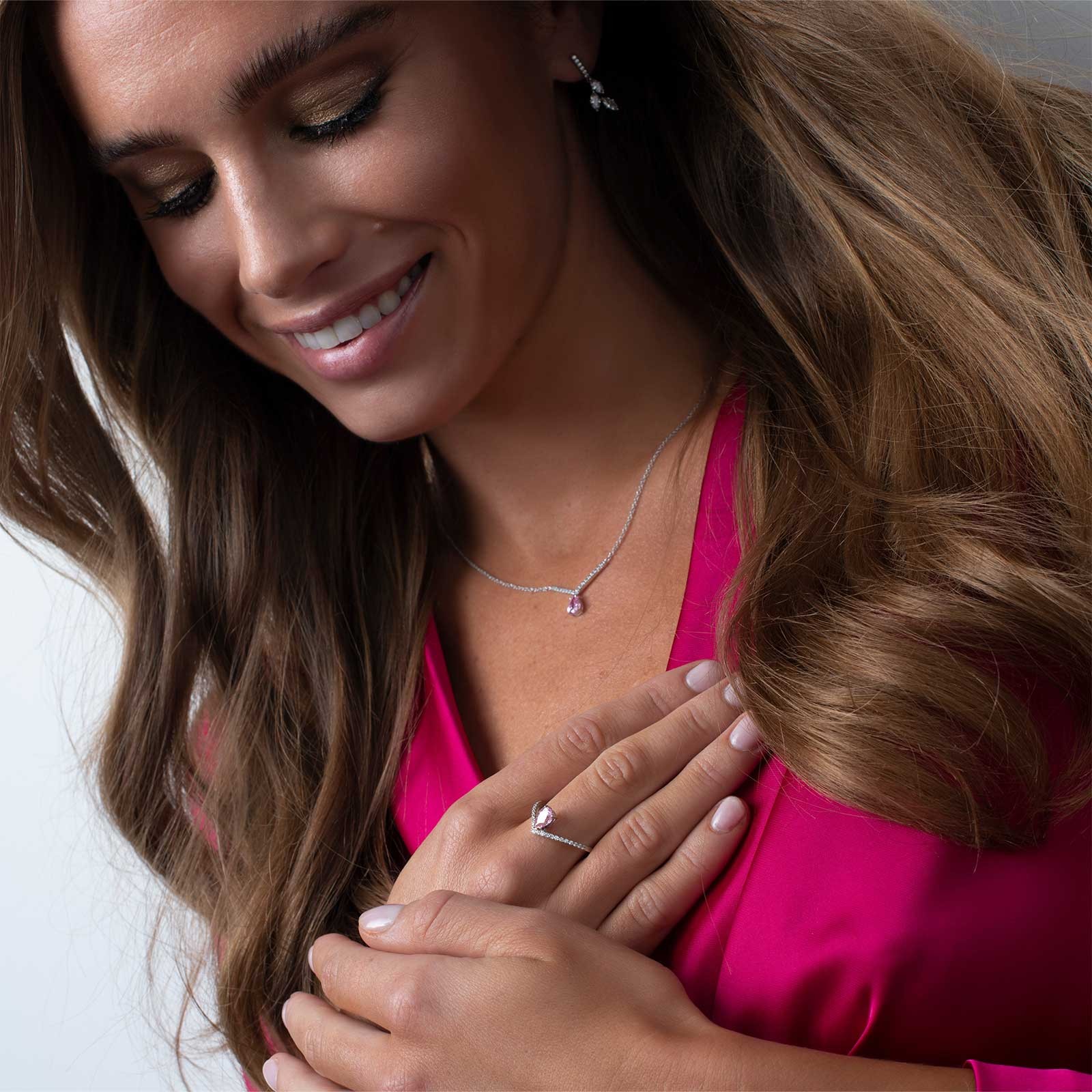 Silver Pear Cut Pink Cubic Zirconia Sweetheart Necklace